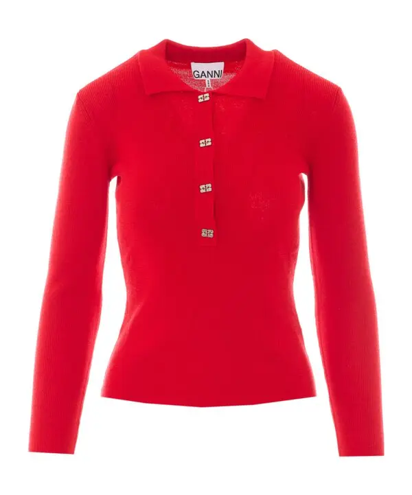 GANNI Ribbed Knit Collared Sweater With Button Detail - Red