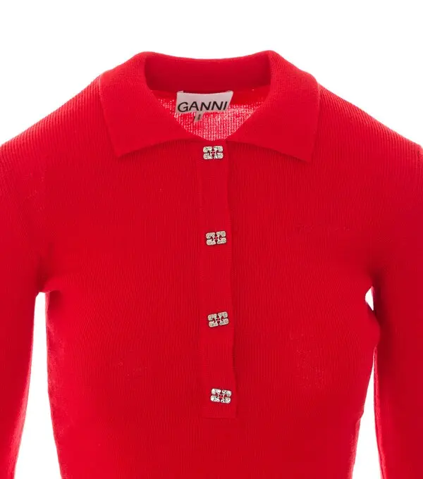 GANNI Ribbed Knit Collared Sweater With Button Detail - Red
