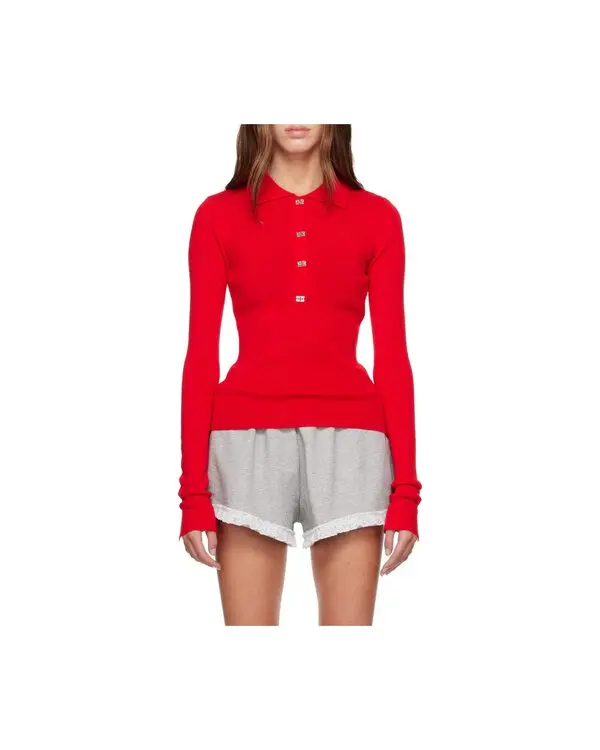 GANNI Ribbed Knit Collared Sweater With Button Detail - Red