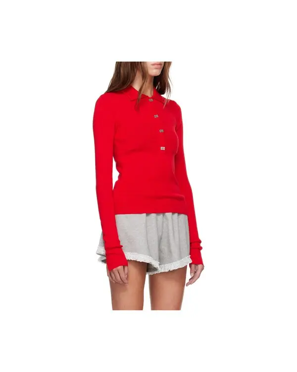 GANNI Ribbed Knit Collared Sweater With Button Detail - Red