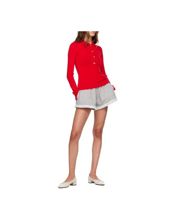 GANNI Ribbed Knit Collared Sweater With Button Detail - Red