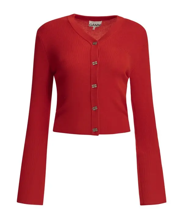 GANNI Ribbed V-neck Cardigan - Red