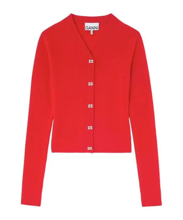 GANNI Ribbed V-neck Cardigan - Red