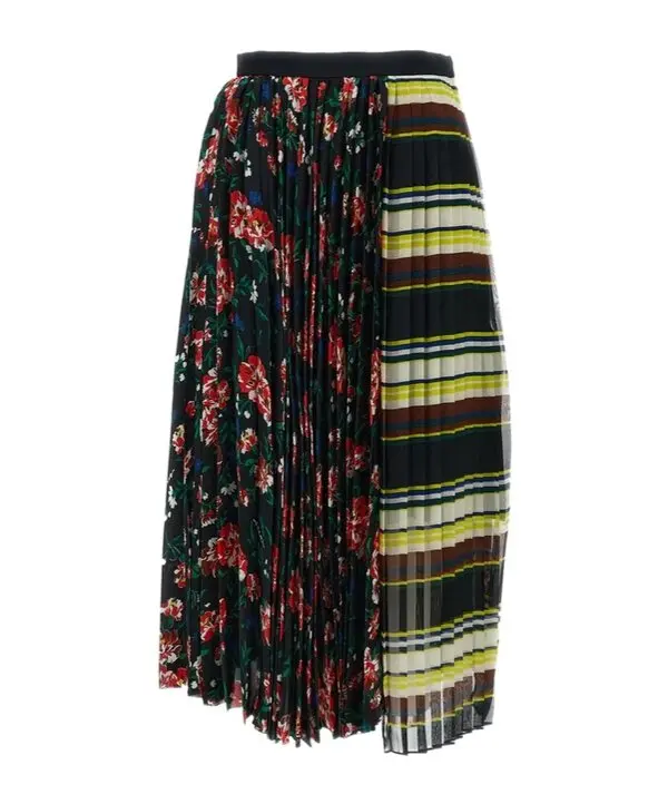Sacai Floral-print And Striped Pleated Midi Skirt - Black