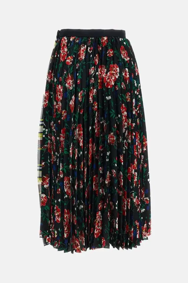 Sacai Floral-print And Striped Pleated Midi Skirt - Black