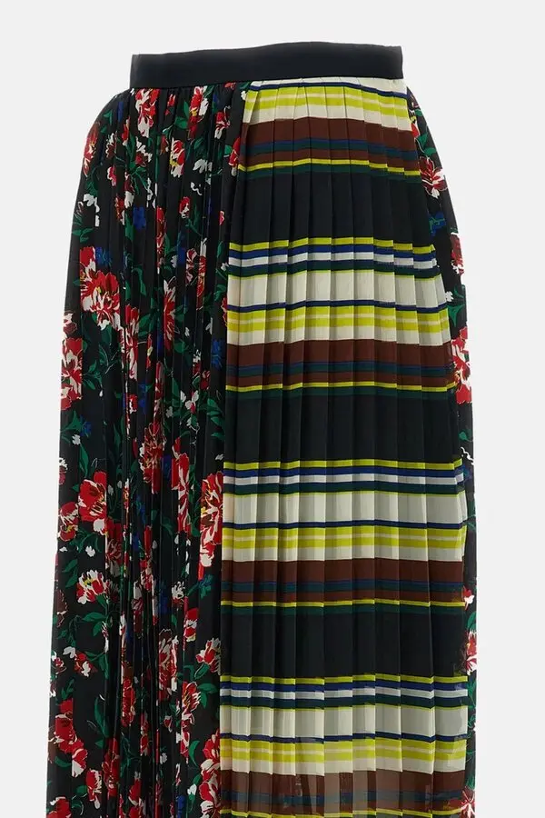 Sacai Floral-print And Striped Pleated Midi Skirt - Black