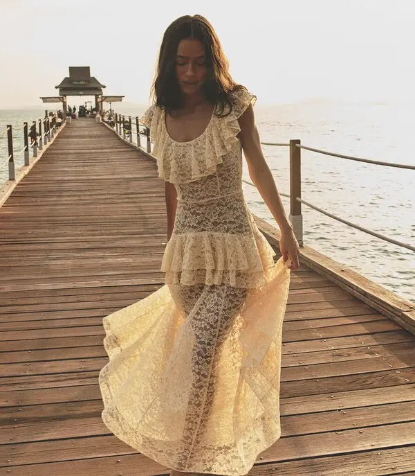 DÔEN Costine Lace Maxi Gown With Ruffled Scoop Neck - Vanilla