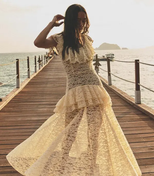 DÔEN Costine Lace Maxi Gown With Ruffled Scoop Neck
