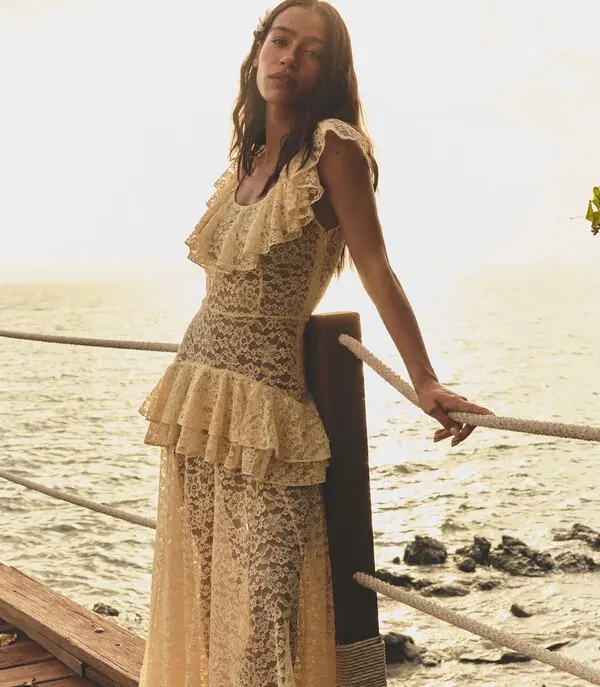 DÔEN Costine Lace Maxi Gown With Ruffled Scoop Neck