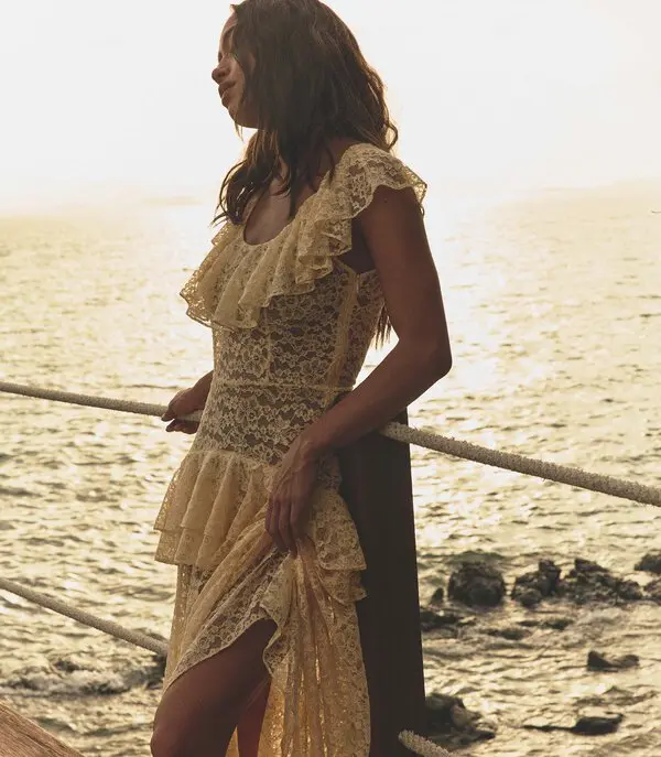 DÔEN Costine Lace Maxi Gown With Ruffled Scoop Neck
