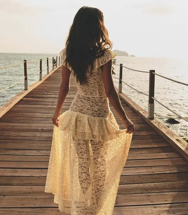 DÔEN Costine Lace Maxi Gown With Ruffled Scoop Neck