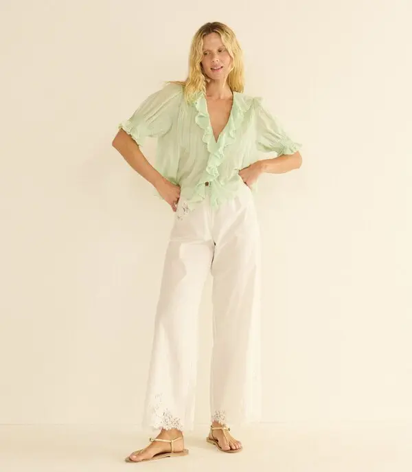 DÔEN Lavona Pant Wide Leg Cotton Poplin With Lace Details