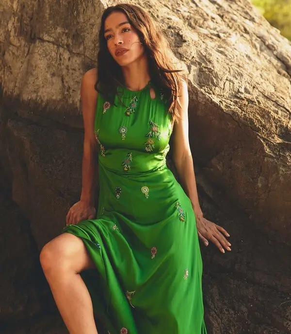 DÔEN Amari Silk Maxi Dress With Hand-beaded Floral Motifs