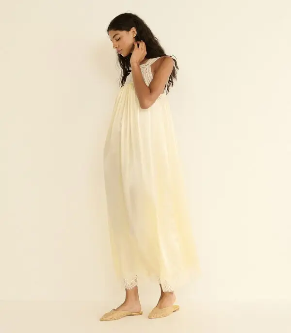 DÔEN Luciane Silk Satin Maxi Dress With Lace Yoke And Trim - Vanilla