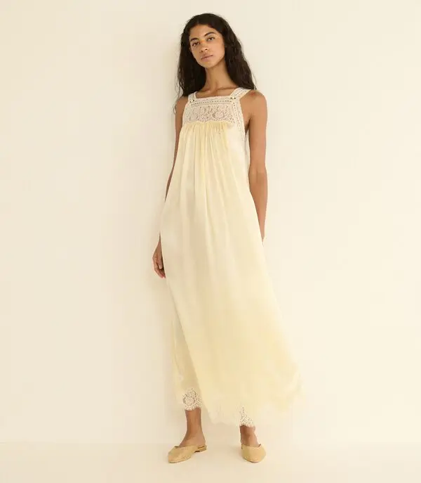 DÔEN Luciane Silk Satin Maxi Dress With Lace Yoke And Trim - Vanilla