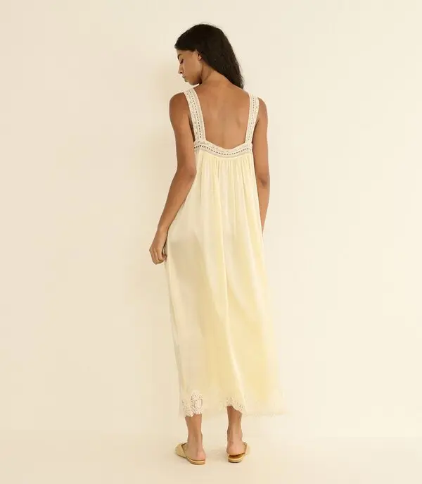 DÔEN Luciane Silk Satin Maxi Dress With Lace Yoke And Trim - Vanilla