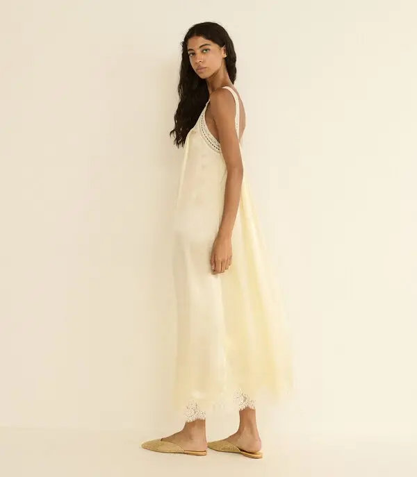 DÔEN Luciane Silk Satin Maxi Dress With Lace Yoke And Trim - Vanilla