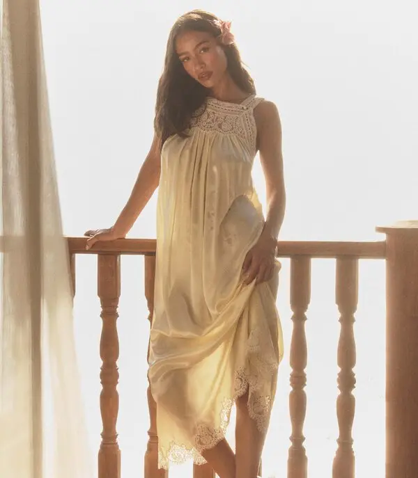 DÔEN Luciane Silk Satin Maxi Dress With Lace Yoke And Trim - Vanilla