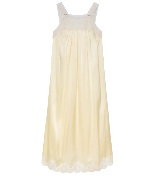 DÔEN Luciane Silk Satin Maxi Dress With Lace Yoke And Trim - Vanilla