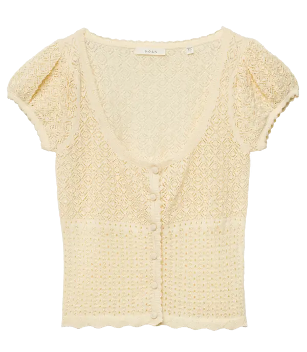 DÔEN Priscilla Cardigan With Pointelle Stitching And Puff Sleeves - Vanilla