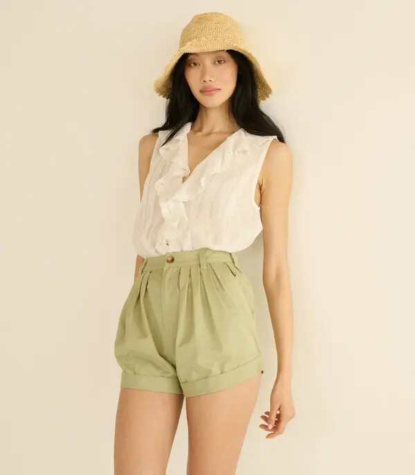 DÔEN Declan Pleated Cuffed Cotton Twill Shorts - Tea Leaf