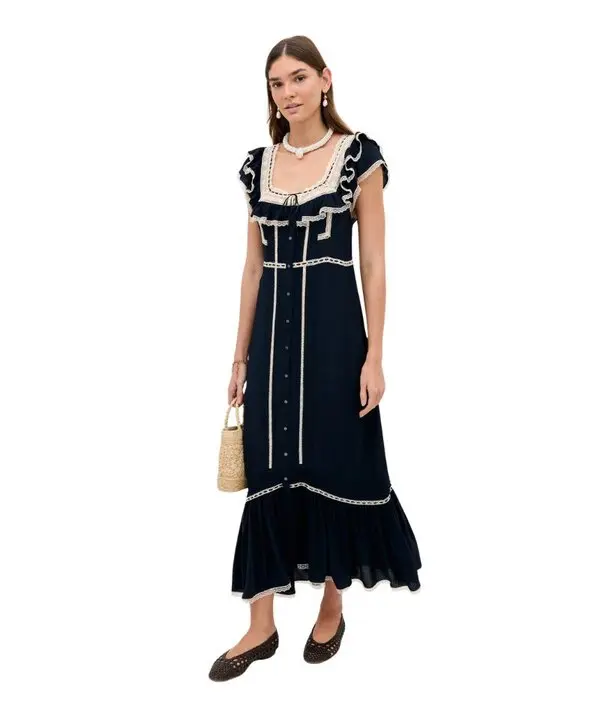 Rixo Kendara Deep Regular Midi Dress With Lace And Ruffles - Navy