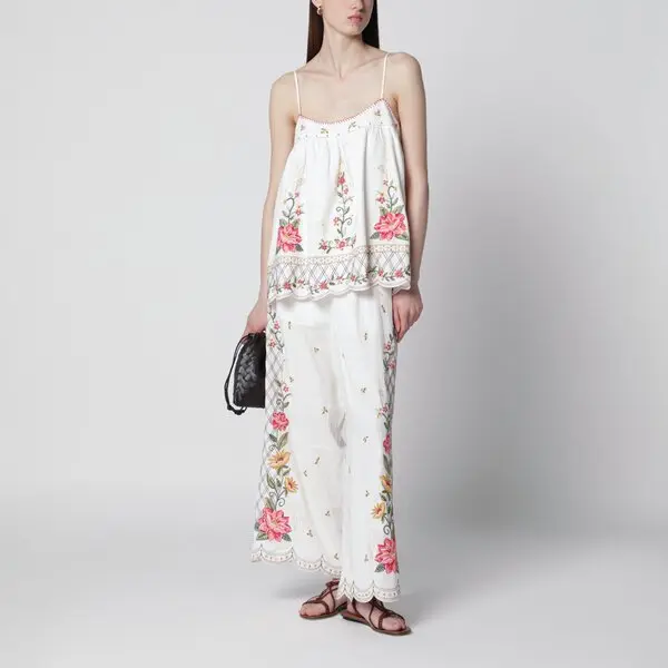 Farm Rio Embroidered Linen-blend Culotte Trousers - White