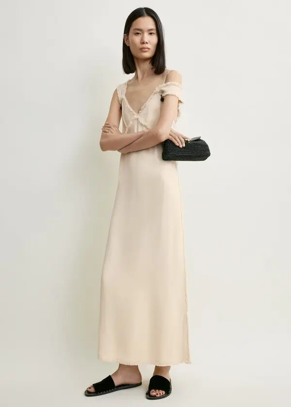 TOTEME V-neck Textured Sablé Slip Dress With Asymmetrical Straps And Raw Edges