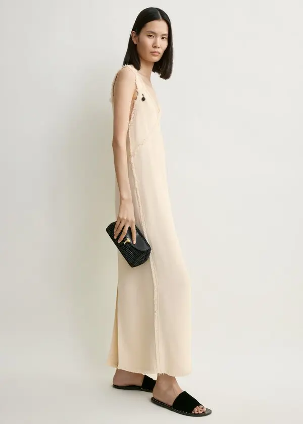 TOTEME V-neck Textured Sablé Slip Dress With Asymmetrical Straps And Raw Edges