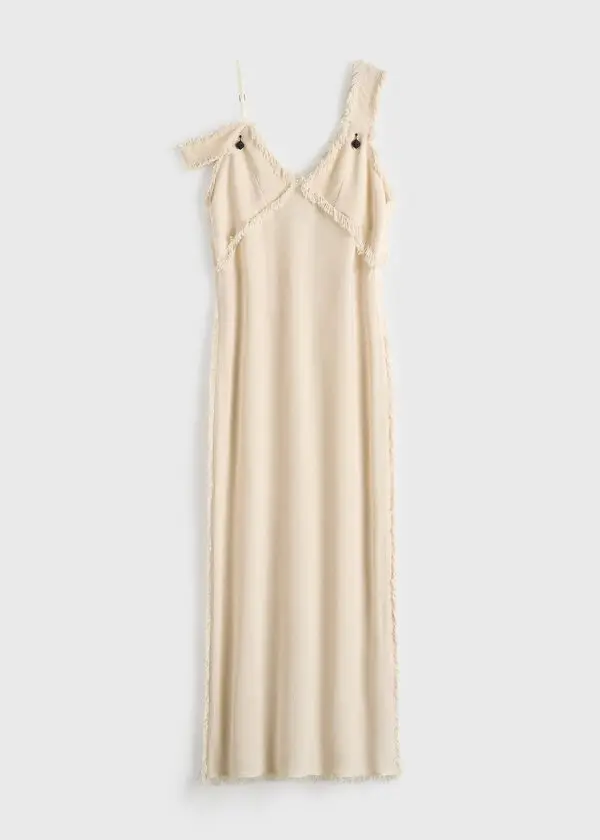 TOTEME V-neck Textured Sablé Slip Dress With Asymmetrical Straps And Raw Edges