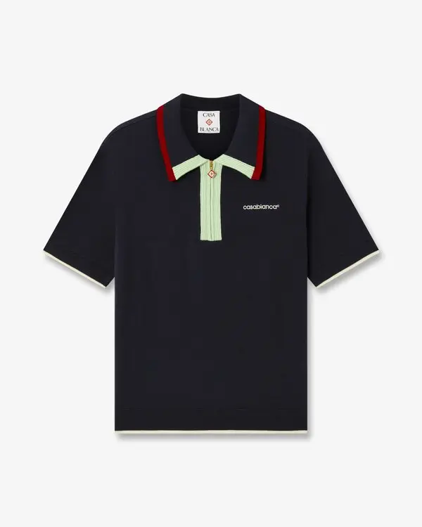Casablanca Navy Merino Short Sleeve Polo Shirt - Multicolor