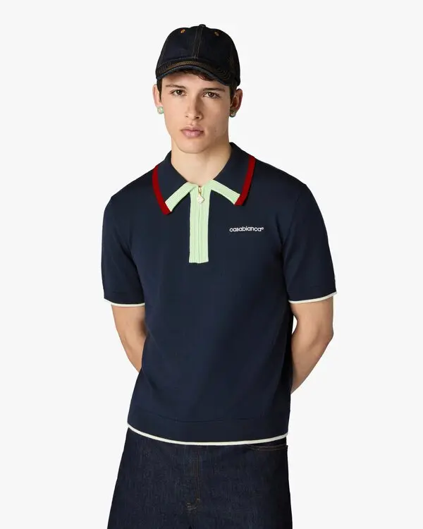 Casablanca Navy Merino Short Sleeve Polo Shirt - Multicolor