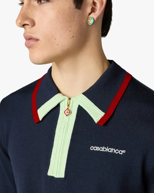 Casablanca Navy Merino Short Sleeve Polo Shirt - Multicolor