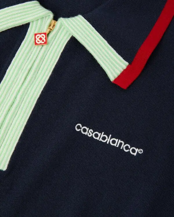 Casablanca Navy Merino Short Sleeve Polo Shirt - Multicolor