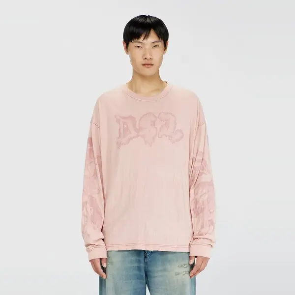 DIESEL® Relaxed Fit Long Sleeve Tee With Blotched Print - Pink