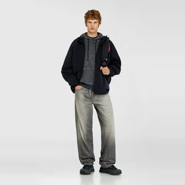 DIESEL® Textured Cotton Mesh Hoodie With Acid Wash And Graphics - Grey