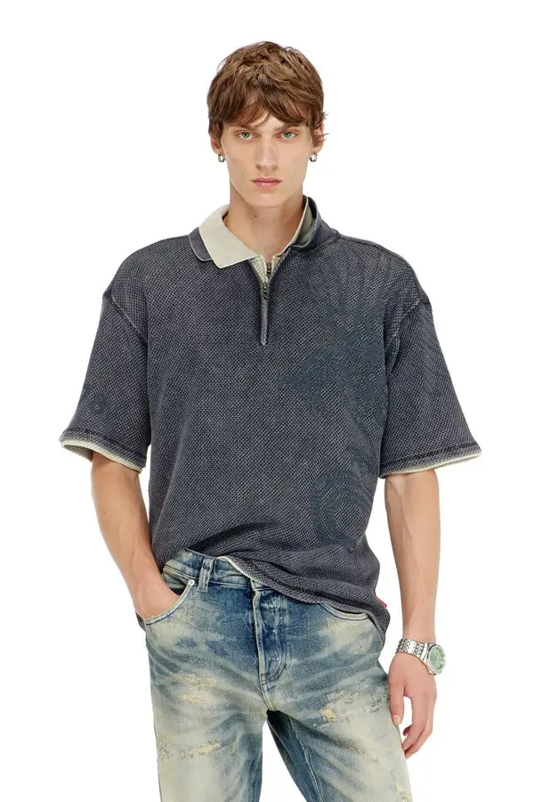 DIESEL® Mesh-jacquard Polo Shirt With Phoenix Print - Grey
