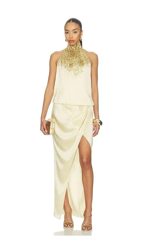 Balmain Halterneck Sand Pearl Embroidered Dress - Beige