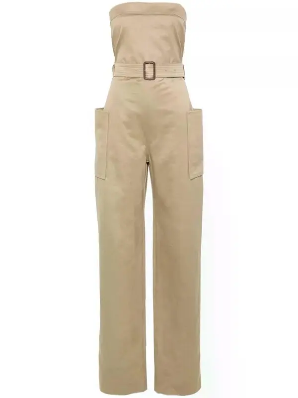 Saint Laurent Strapless Belted Cotton Jumpsuit - Neutrals