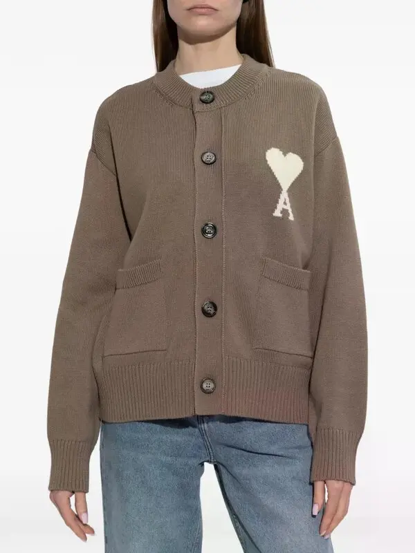 AMI Paris De Coeur Patch Cardigan - Brown