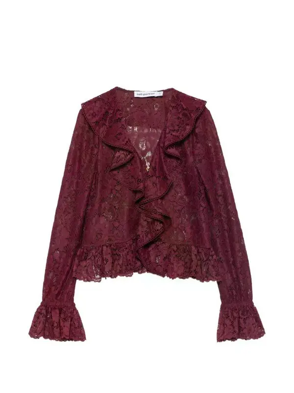 SELF-PORTRAIT Burgundy Floral Lace Ruffled V-neck Top - Red