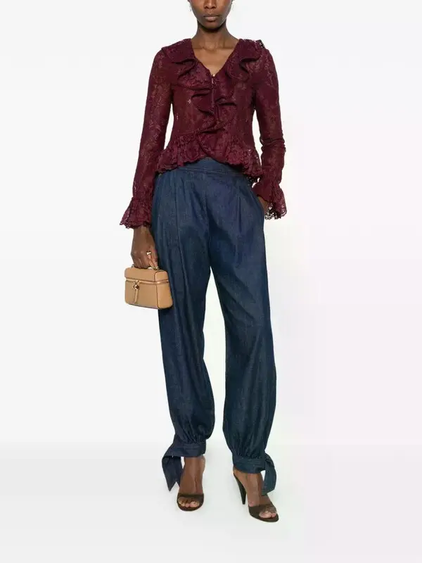 SELF-PORTRAIT Burgundy Floral Lace Ruffled V-neck Top - Red