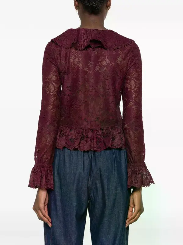 SELF-PORTRAIT Burgundy Floral Lace Ruffled V-neck Top - Red