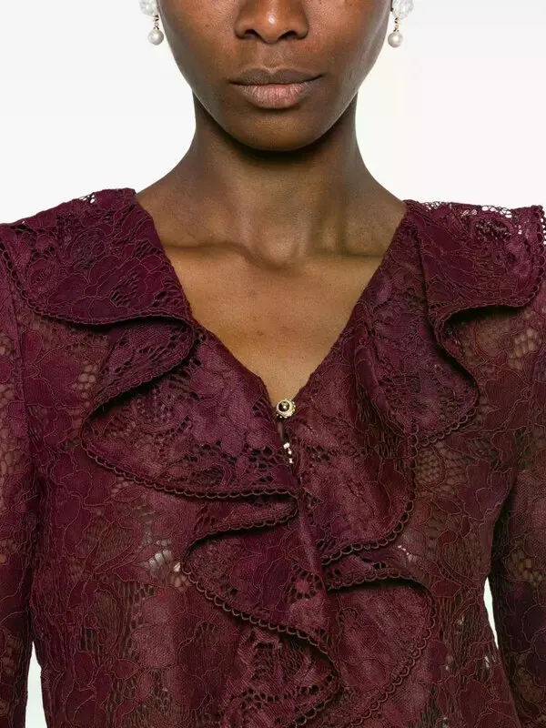 SELF-PORTRAIT Burgundy Floral Lace Ruffled V-neck Top - Red