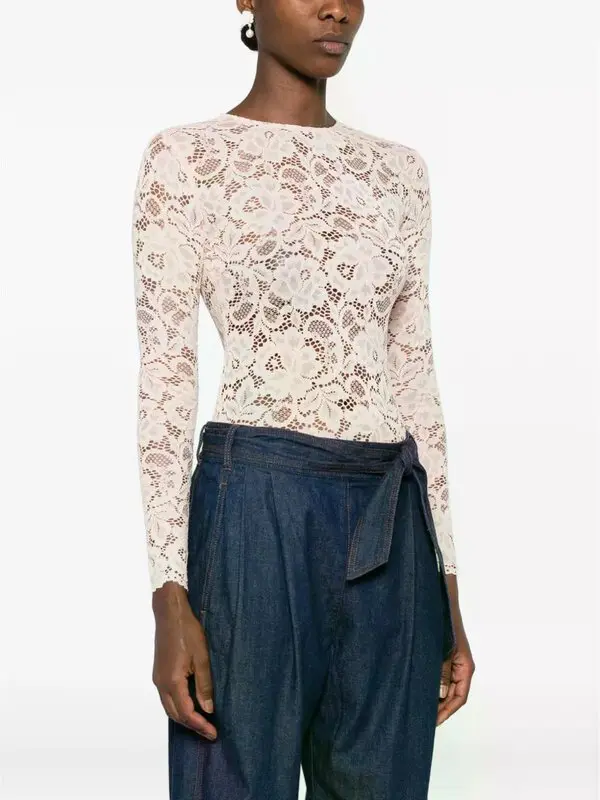 SELF-PORTRAIT Floral Lace Long Sleeve Top - Neutrals