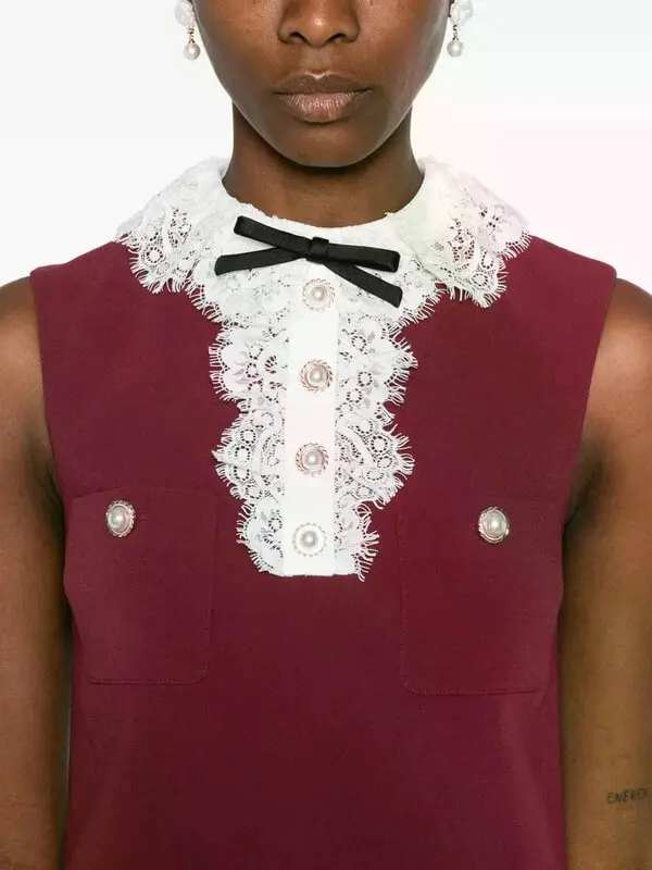 SELF-PORTRAIT Burgundy Lace-trimmed Bow Detail Dress