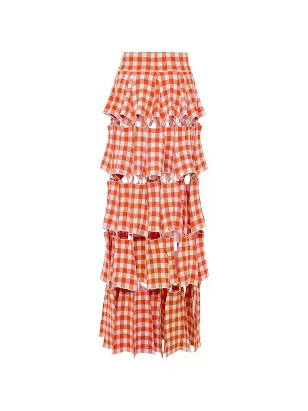 A.W.A.K.E. Mode Gingham Print Knitted Cut-out Maxi Skirt - Red