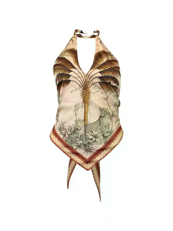Retrofete Zaphira Palm-print Halterneck Blouse