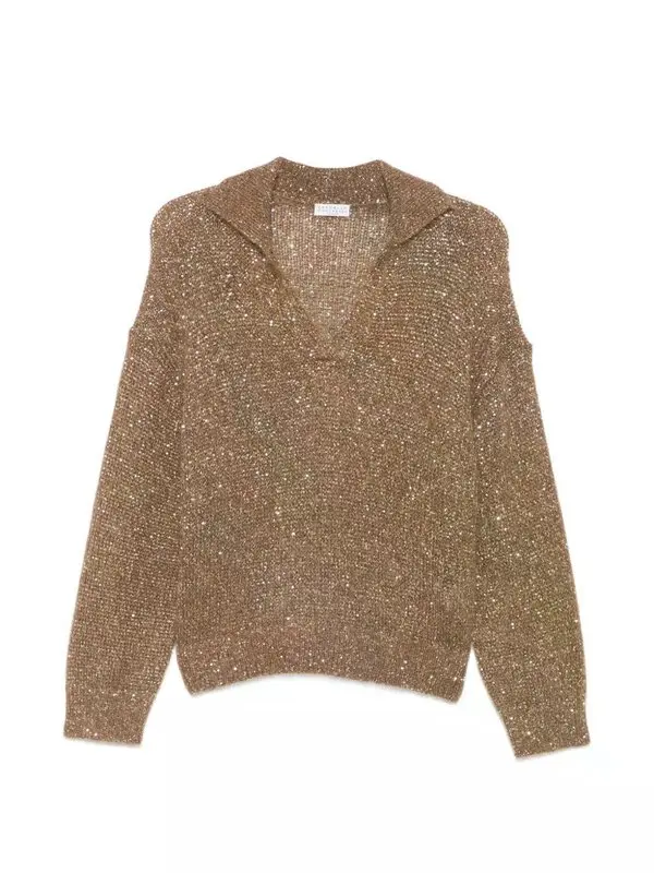 Brunello Cucinelli Sequin-embellished Polo-collar Sweater - Brown