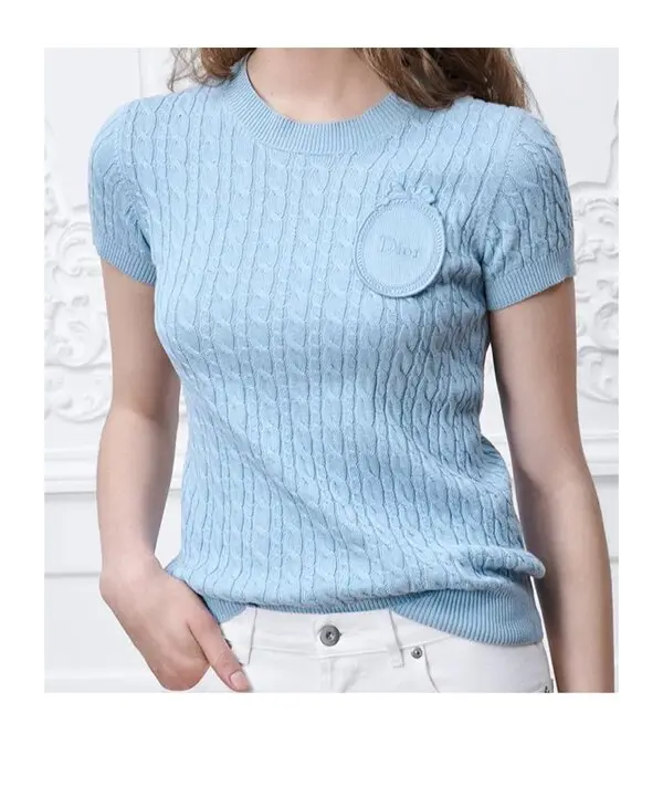 Dior Short-sleeved Cable Knit Sweater With Medallion Logo - Blue